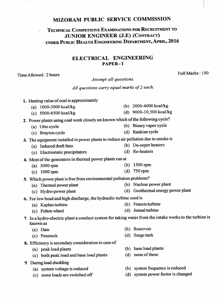 Je Under Phe Department 2016 Electrical Engineering Paper I | PDF