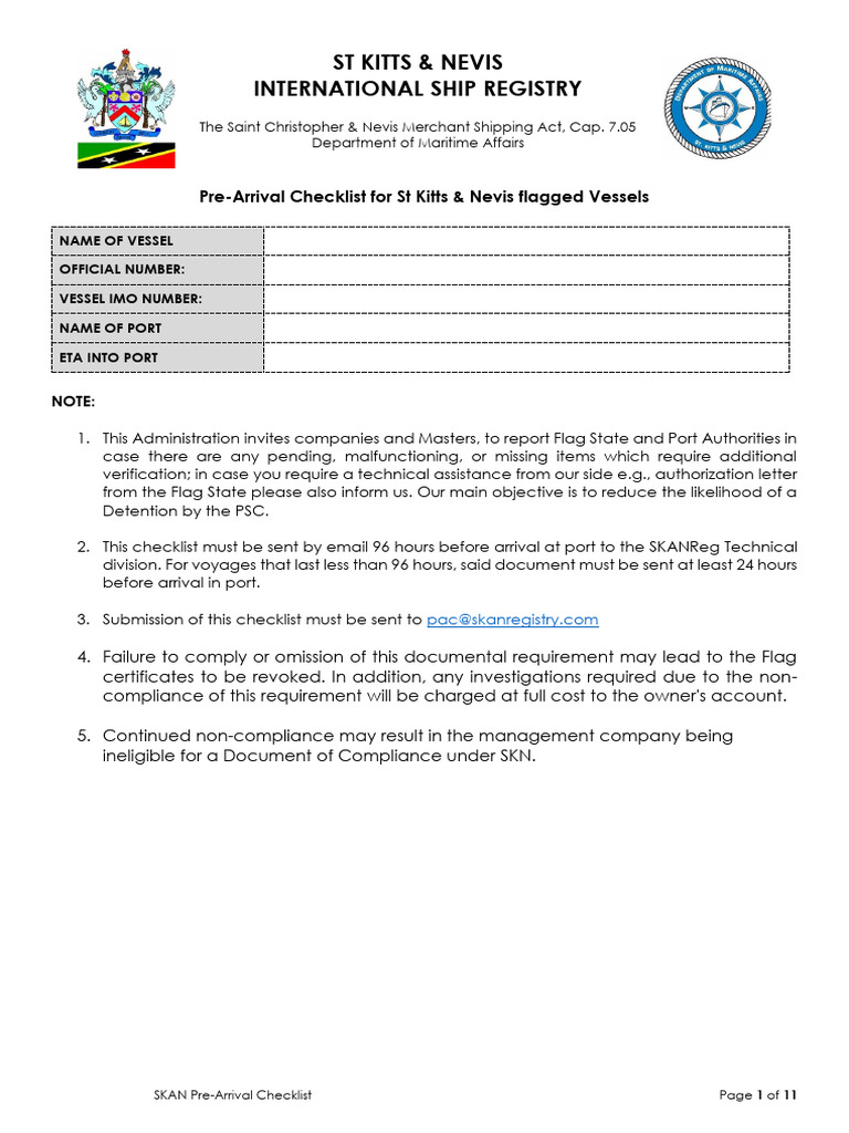 FLAG SKAN Pre Arrival Checklist - SKAN | PDF