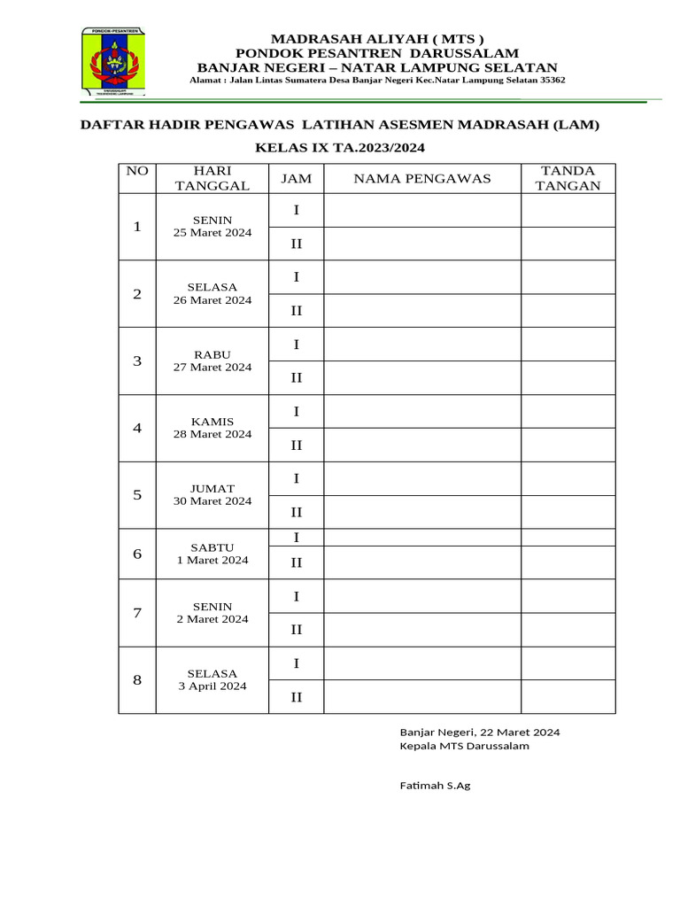 Daftar Hadir Pengawas Ruang | PDF