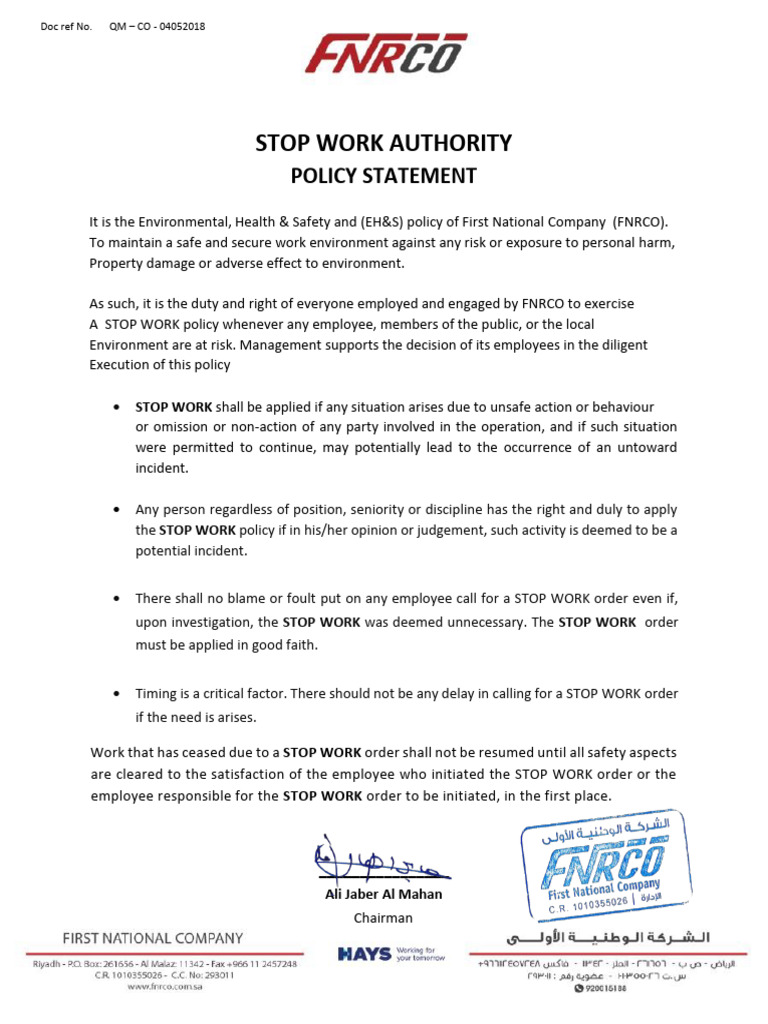 Stop Work Authority Policy Statement | PDF