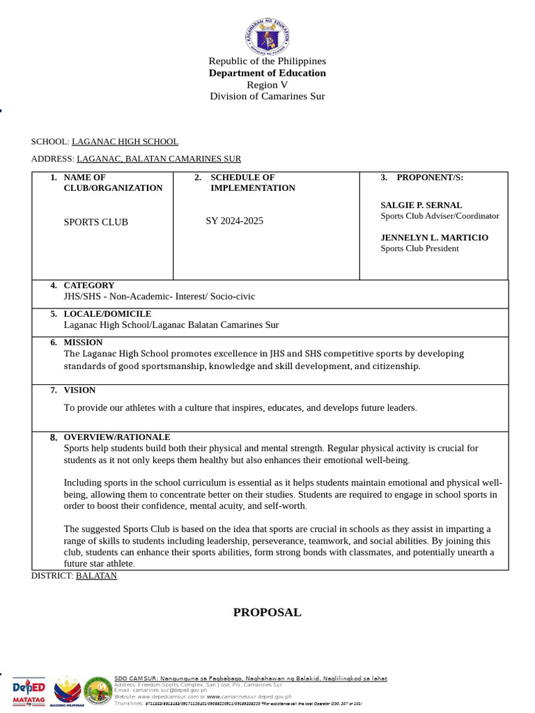 School Sports Club Proposal | PDF