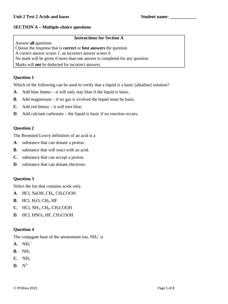 U2 Test 2 Acids and Bases | PDF | Acid | Ph