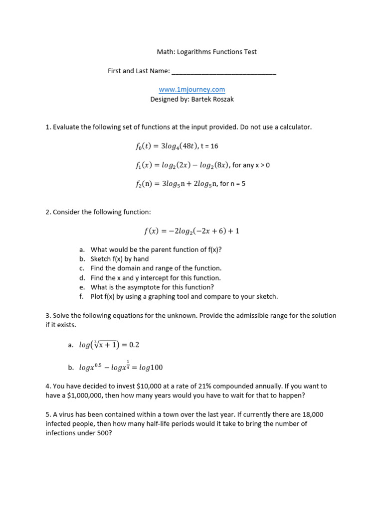 Grade 11 Logarithms Functions Test | PDF