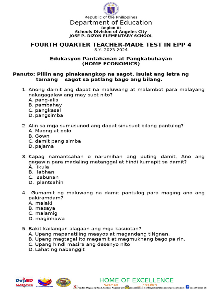 Epp4 - Home Economics - 4TH QTR Unified Examination | PDF