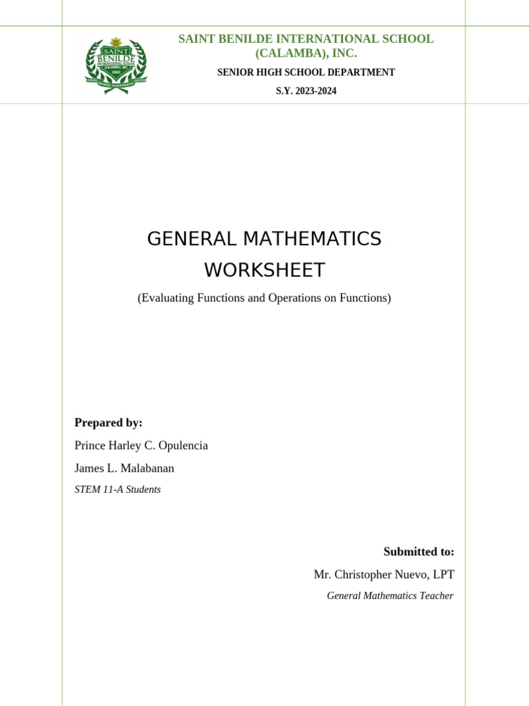 General Mathematics Worksheet (P.T.) | PDF