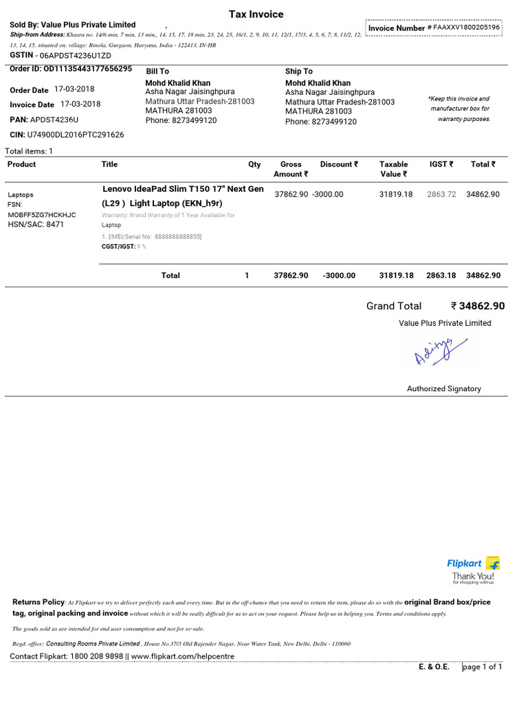 Flipcart Computer Bill | PDF