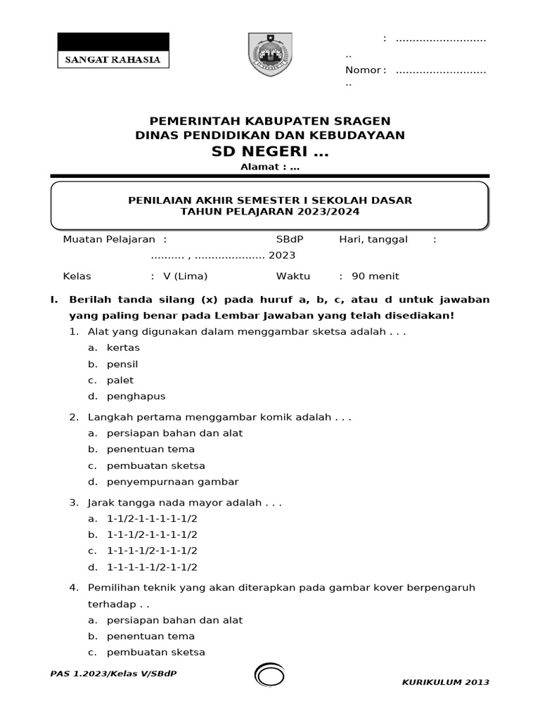 Soal Pas Pas I SBDP Kelas V | PDF