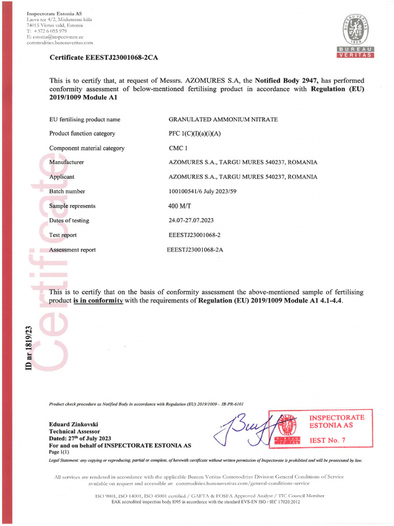 EEESTJ23001068-2CA Certificate of Conformity Assessment | PDF