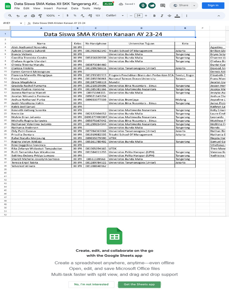 Data Siswa SMA Kelas XII SKK Tangerang AY 23-24.xlsx - Google Sheets | PDF