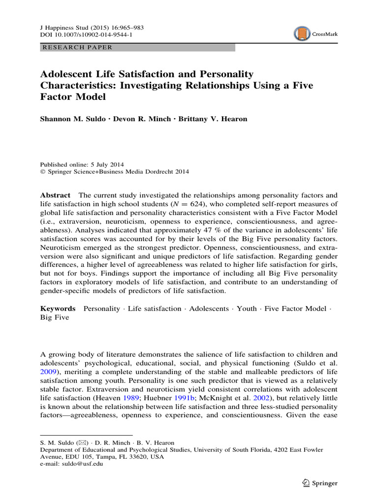 Adolescent Life Satisfaction and Personality Characteristics ...