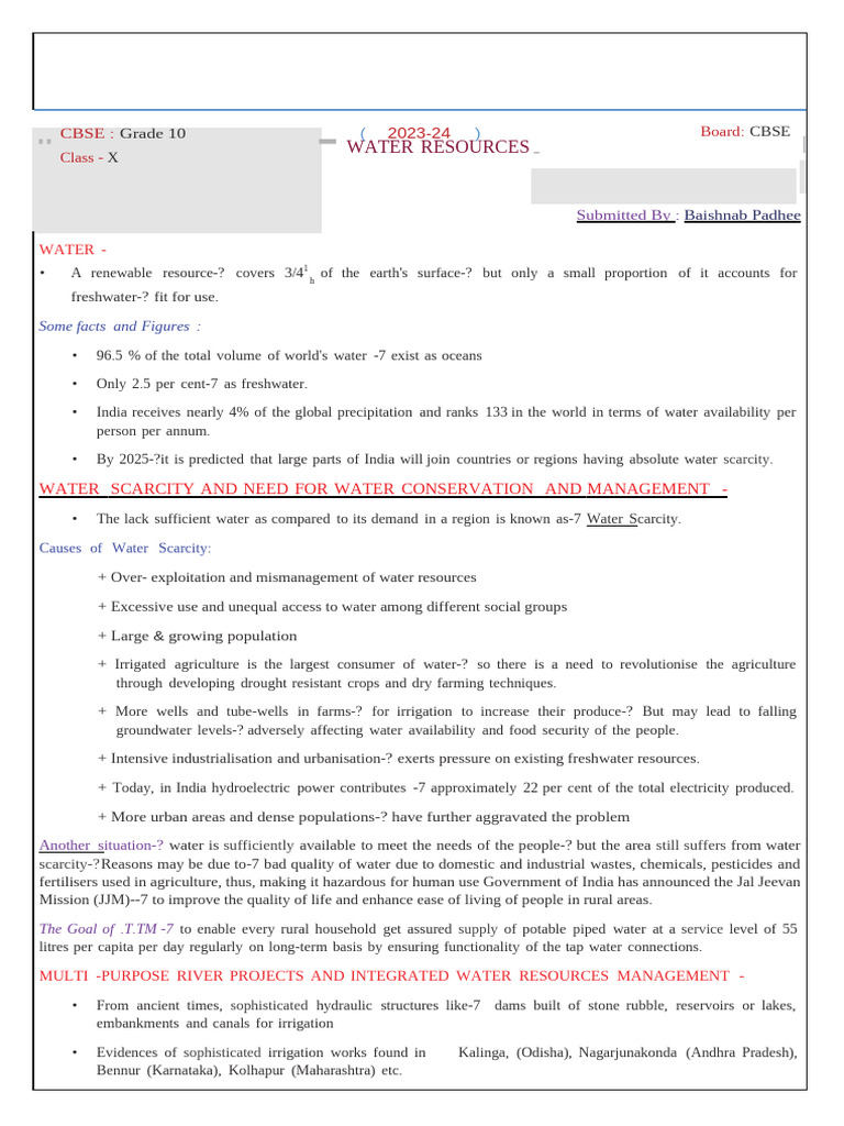 Water Resources - Short Notes (SST) (SST) | PDF