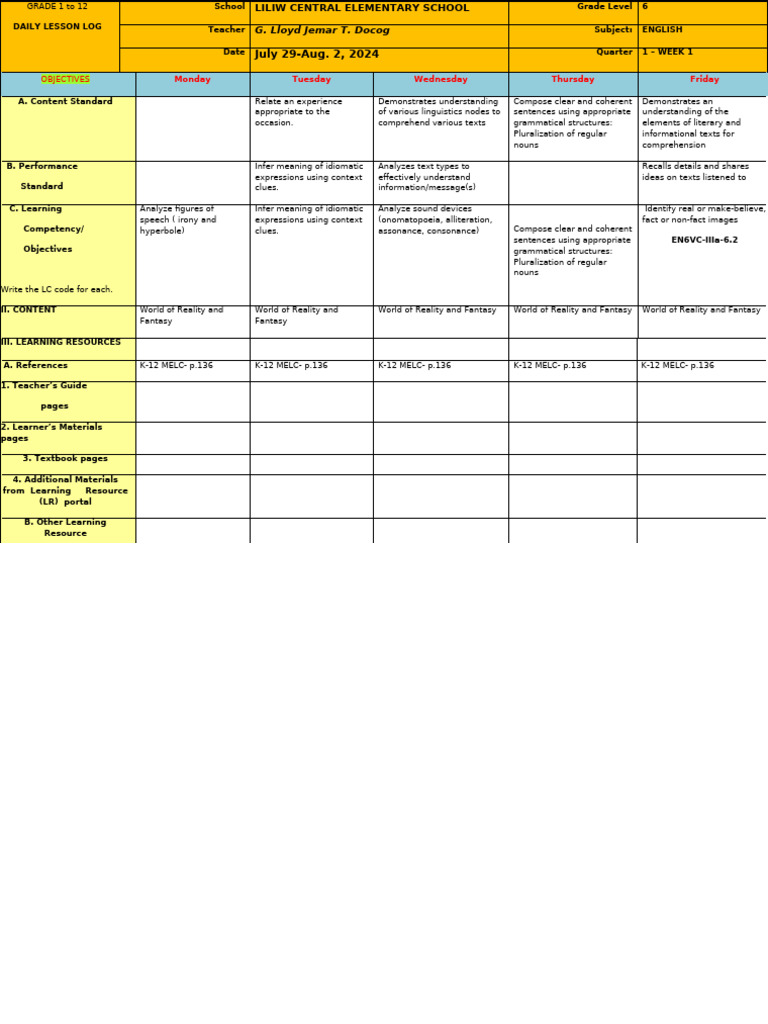 Week1 DLL English | PDF | English Language | Grammar