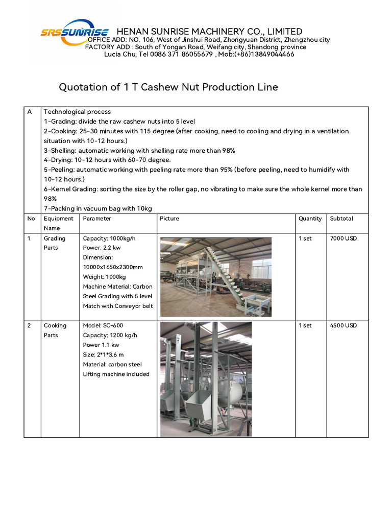 Quotation of 1T Cashew Nut Processing Machine | PDF