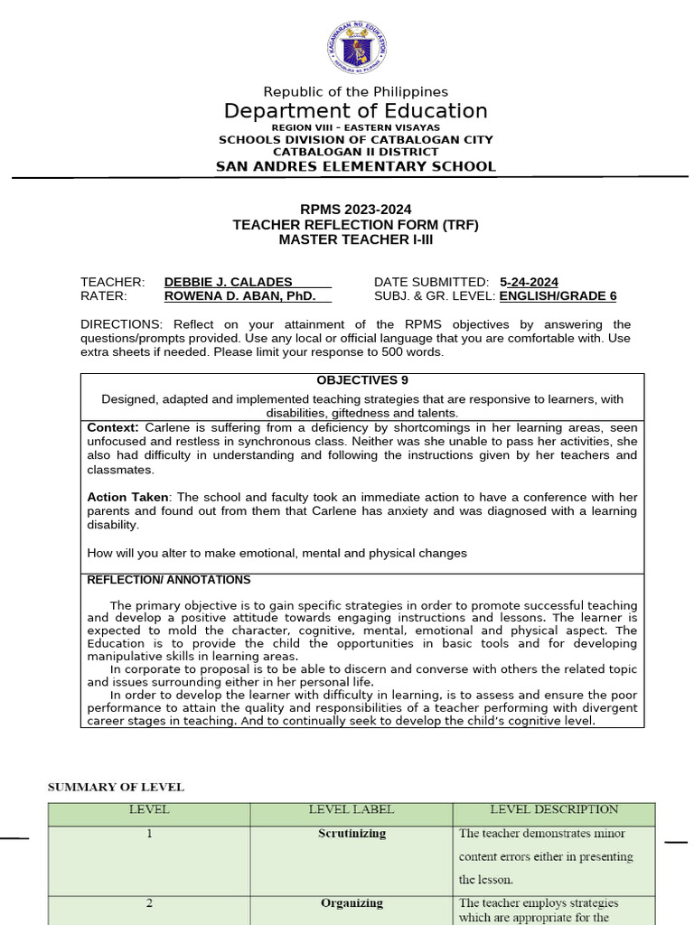 Master I-Iii Teacher Reflection Form | PDF | Teachers | Wellness