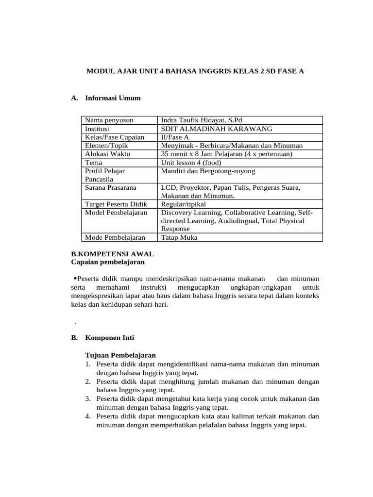 Modul Ajar Bahasa Inggris Unit 4 Kelas 2 SD Pak Indra | PDF