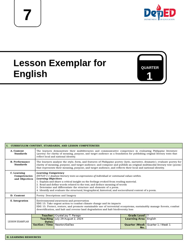 Q1 LE English 7 Lesson 1 Week 1 | PDF