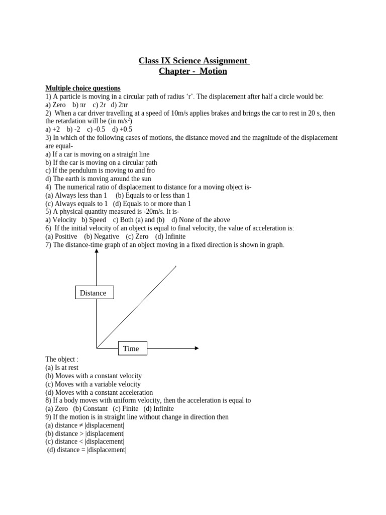 Class IX Motion Assignment | PDF | Velocity | Acceleration