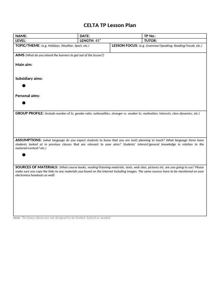 CELTA TP Lesson Plan Template | PDF