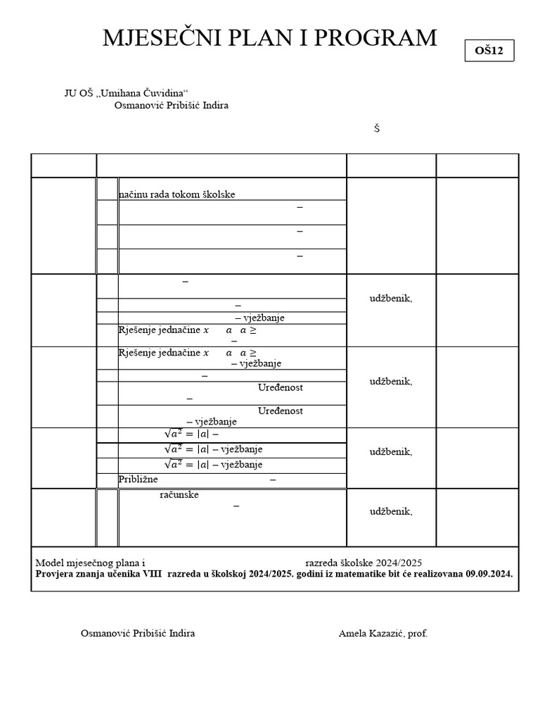 Mjesečni Za OSMI RAZRED Septembar Matematika | PDF