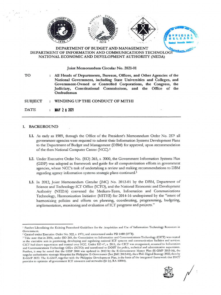 DBM-DICT-NEDA Joint Memo Circular No. 2021-01 (Winding of MITHI) | PDF