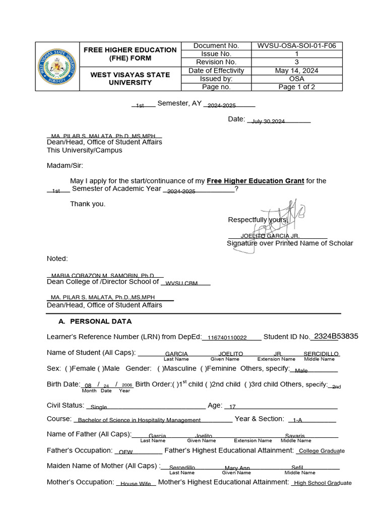 1.6 OSA-SOI-01 F06 Free Higher Education (FHE) Form | PDF