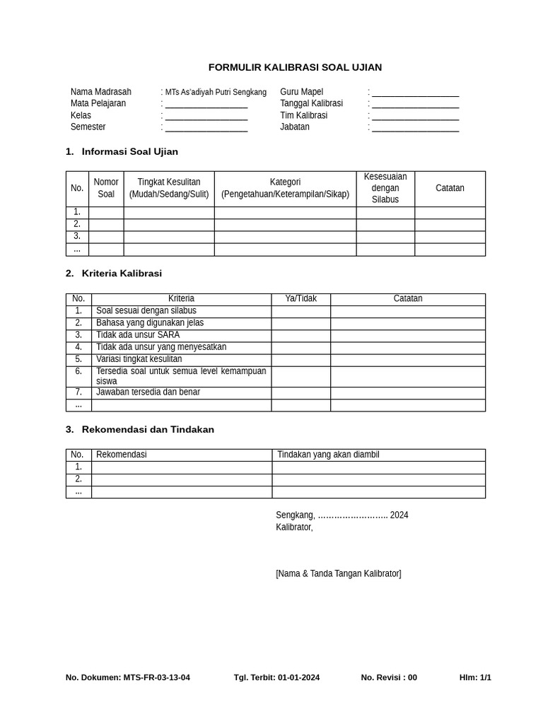 MTS-FR-03-13-04 Formulir Kalibrasi Pembelajaran (PTS - PAS) | PDF