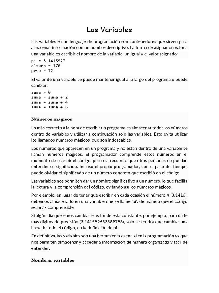 P2. Las Variables | PDF | Variable (informática) | Métodos y materiales ...