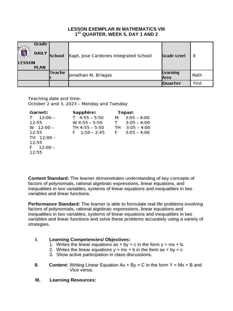 DLP Math 8 Q1 W5 D 1 - 5 (October 2 - 6, 2023) | PDF | Variable (Mathematics) | Language Arts ...