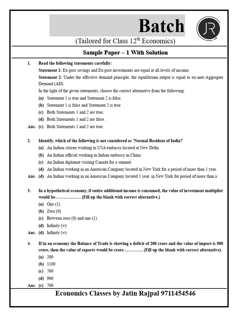 01 A Economics Achiever's Batch Sample Paper 1 Jatin Sir Vikas | PDF
