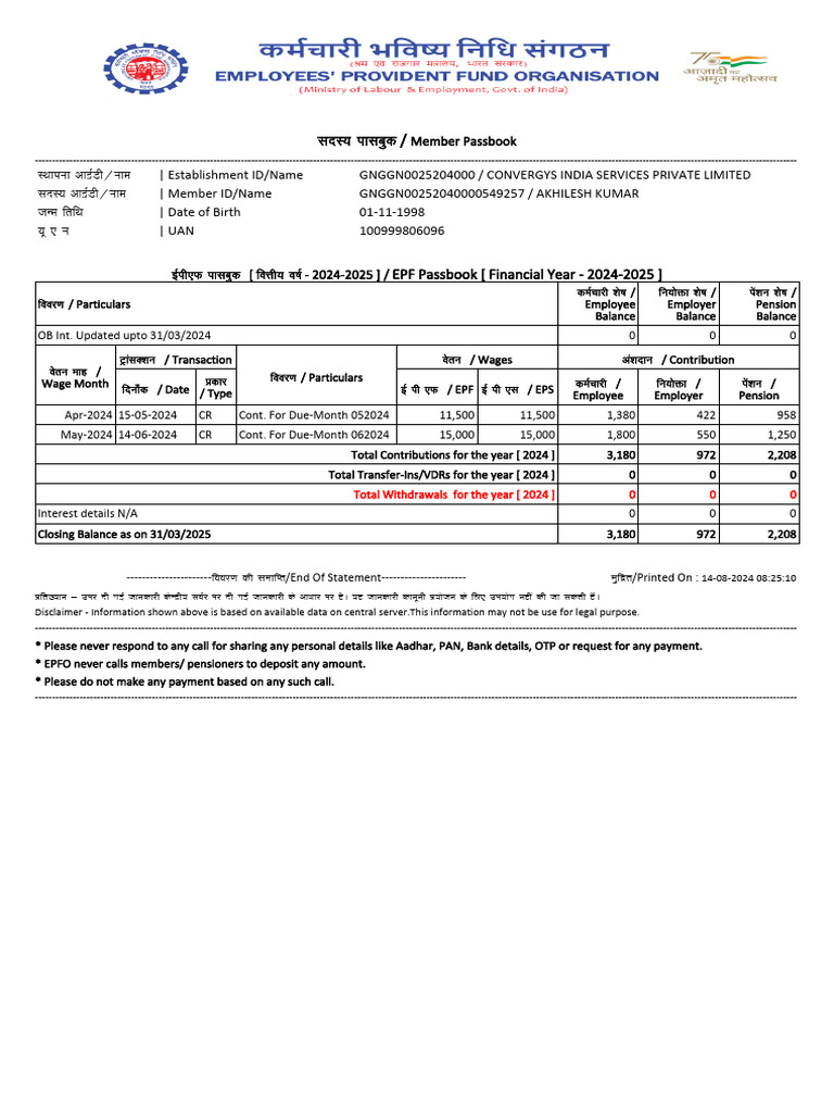 EPF Statement for Akhilesh Kumar | PDF | Payments | Retirement