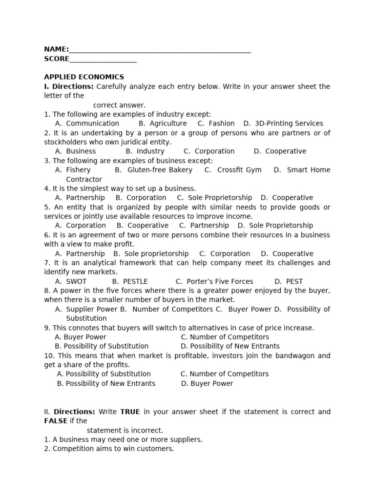 Applied Economics Quiz 1 Quarter 2 | PDF