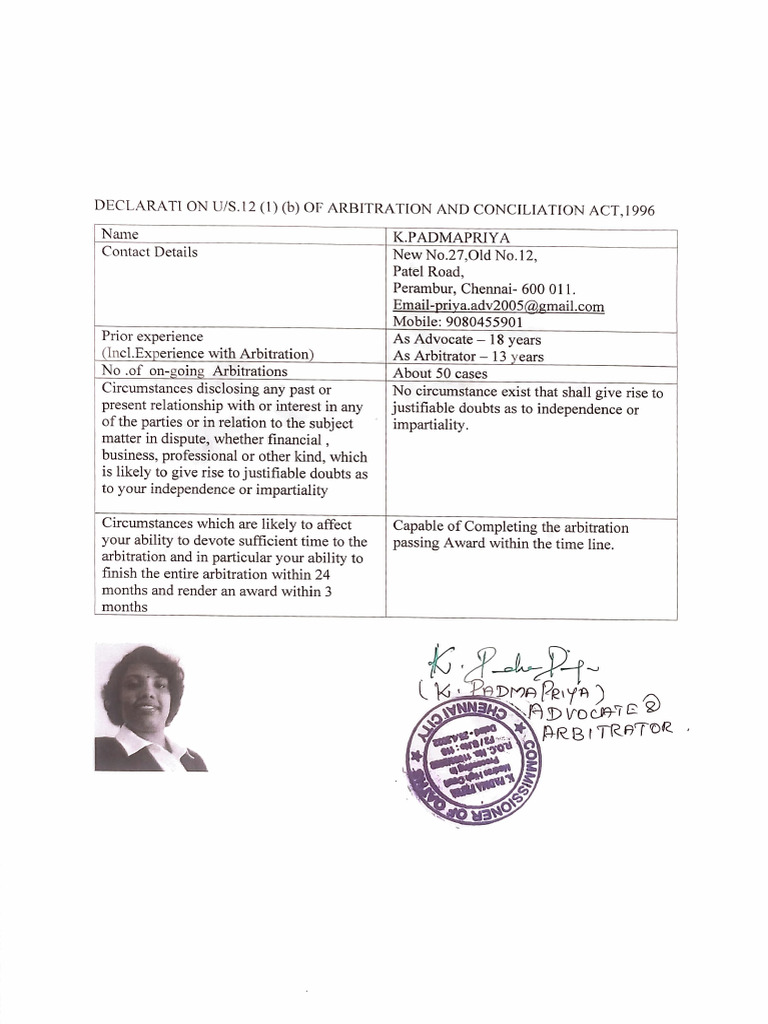 Disclosure Document by Ms. Padmapriya Sivakumar For Dispute Number 2024 ...