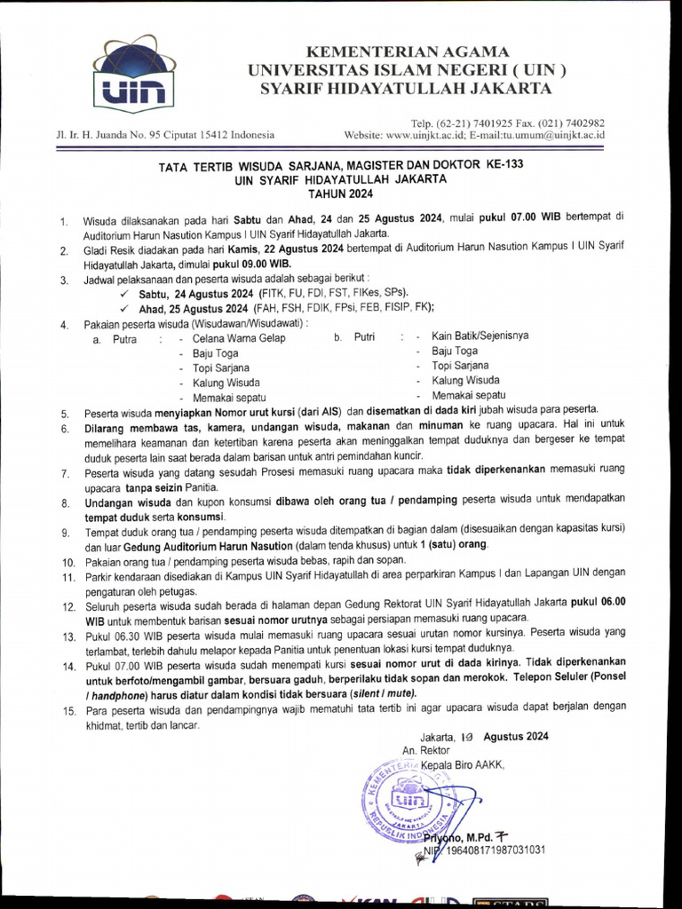 Tata Tertib Wisuda Sarjana, Magister Dan Doktor Ke-133 UIN Syarif Hidayatullah Jakarta Tahun ...