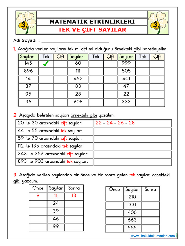 3 Sinif Tek Ve Cift Sayilar Etkinlik | PDF 3 Sinif Tek Ve Cift Sayilar Etkinlik | PDF