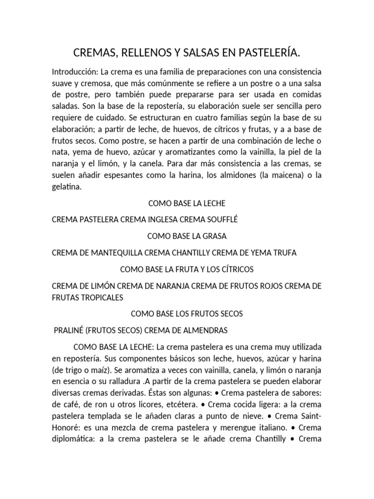Cremas, Rellenos y Salsas en Pastelería. | PDF