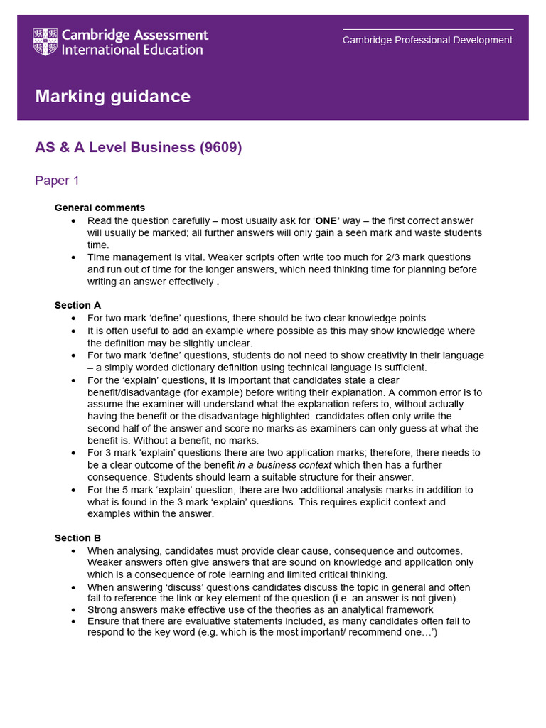 9609 Business Marking Guidance | PDF