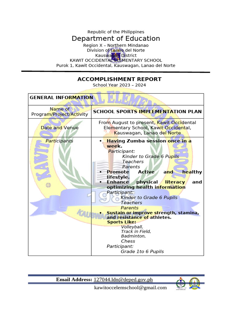 Accomplishment Report in Sports Implementation Plan | PDF