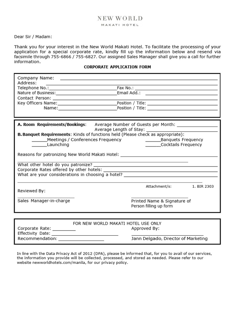 Corporate Rates Application Form | PDF