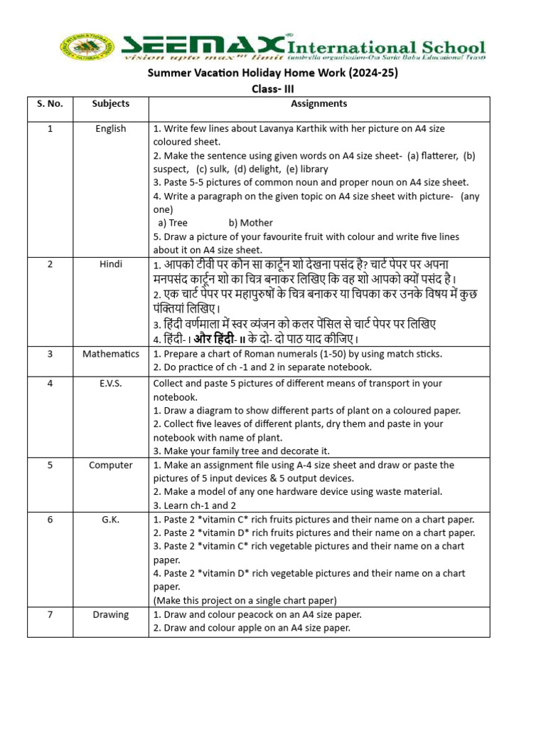 Class - III Summer Holiday Homework | PDF