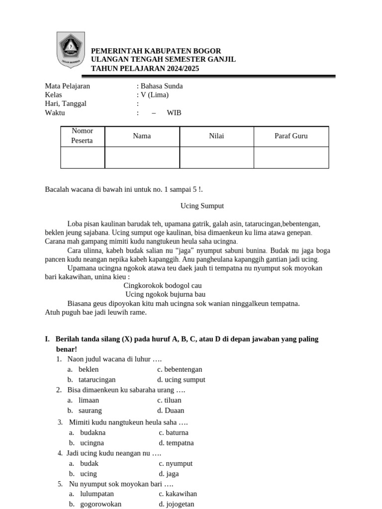Soal PTS Bahasa Sunda Kelas 5 2021 | PDF