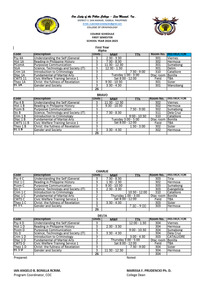 1st Year Schedule Per Section 1st Sem 2024 2025 Pdf