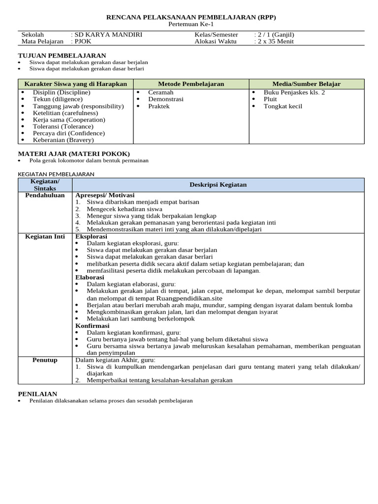 RPP PJOK Kelas 2 Per Ke | PDF