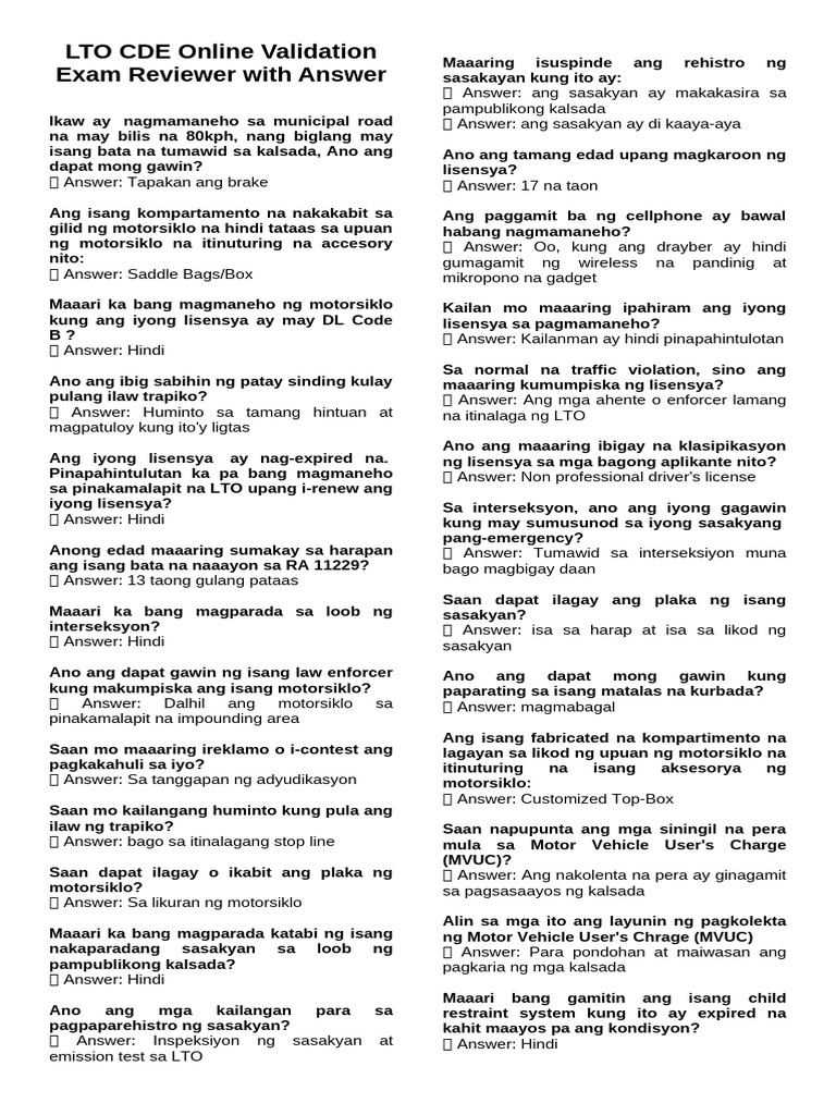LTO CDE Online Validation Exam Reviewer With Answer | PDF