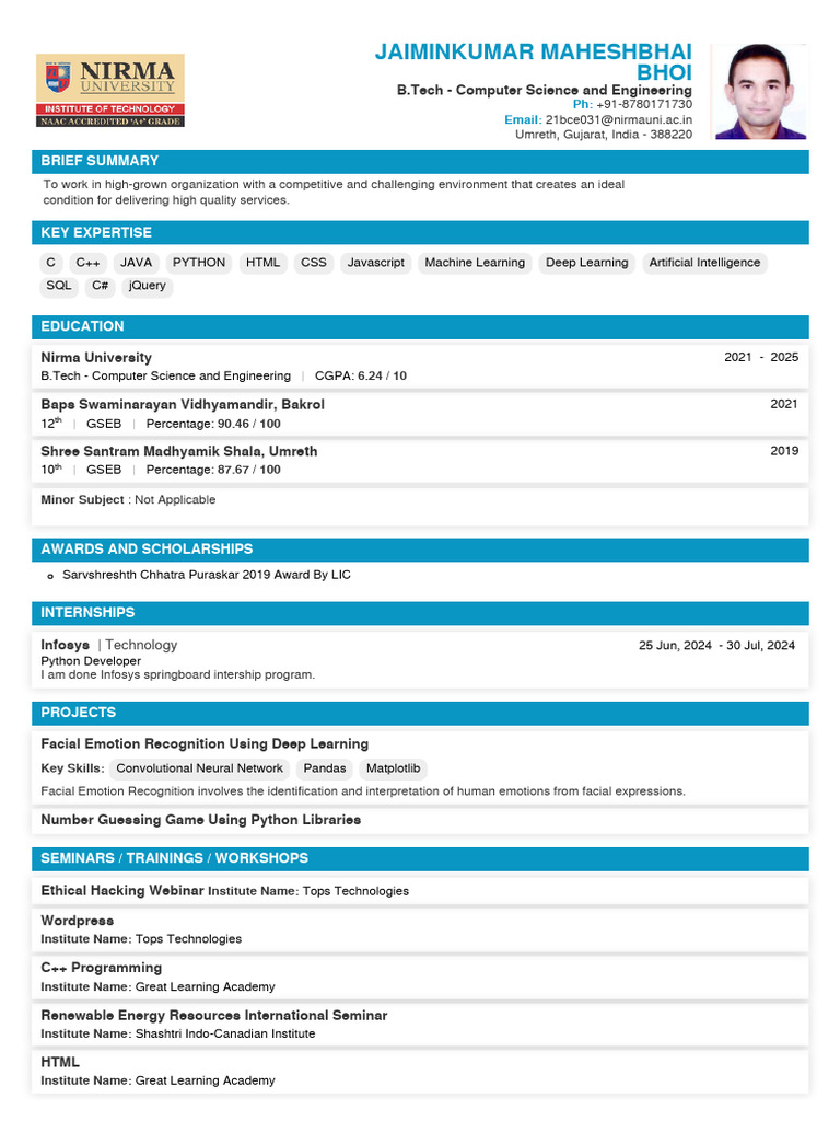 21bce031 Jaimin Resume | PDF