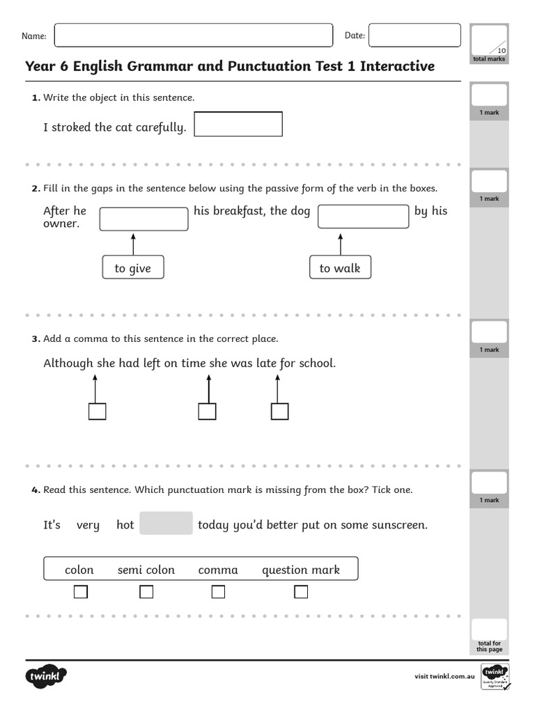 Year 6 English Grammar and Punctuation Test 1 Interactive | PDF