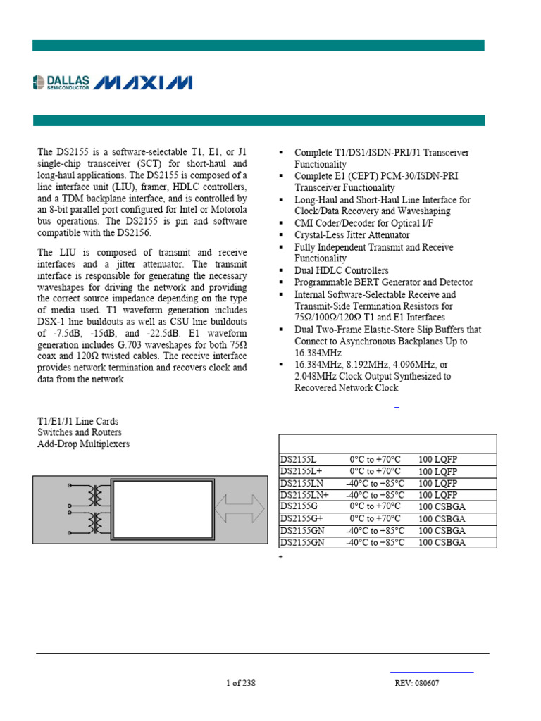 T1/E1/J1 Single-Chip Transceiver: General Description Features | PDF