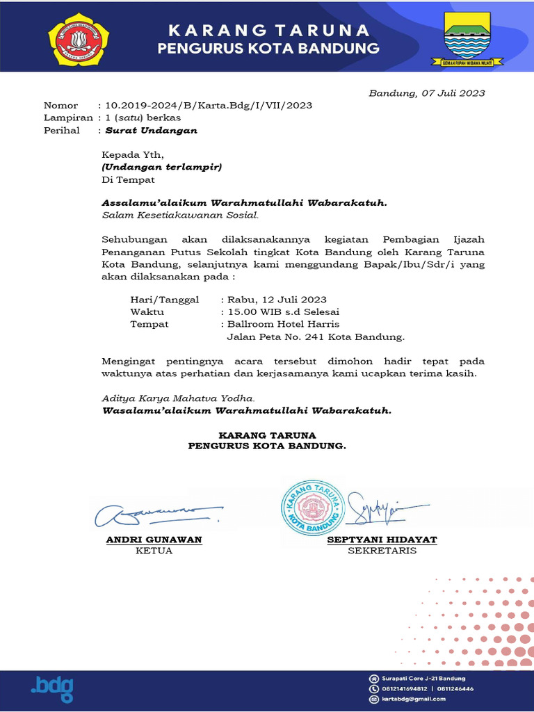 Surat Undangan Pembagian Ijazah Program Penanganan Putus Sekolah Karta BDG | PDF