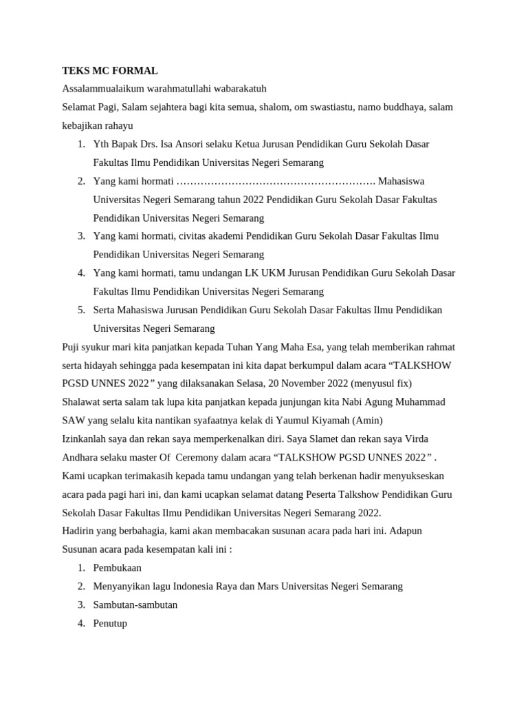 TEKS MC Formal, Non Formal, Dan Point Moderator - TALKSHOW PGSD UNNES 2022 | PDF
