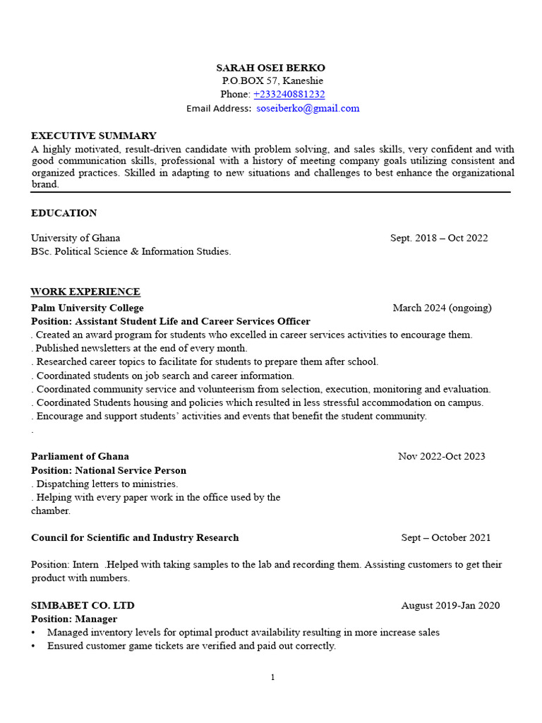CV - Sarah Osei Berko PDF | PDF | Business