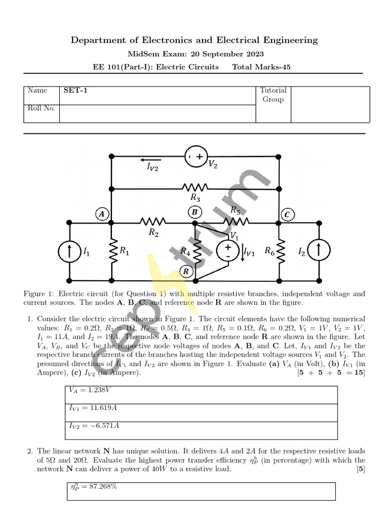 EE101 Midsem Electric Circuits Soln | PDF